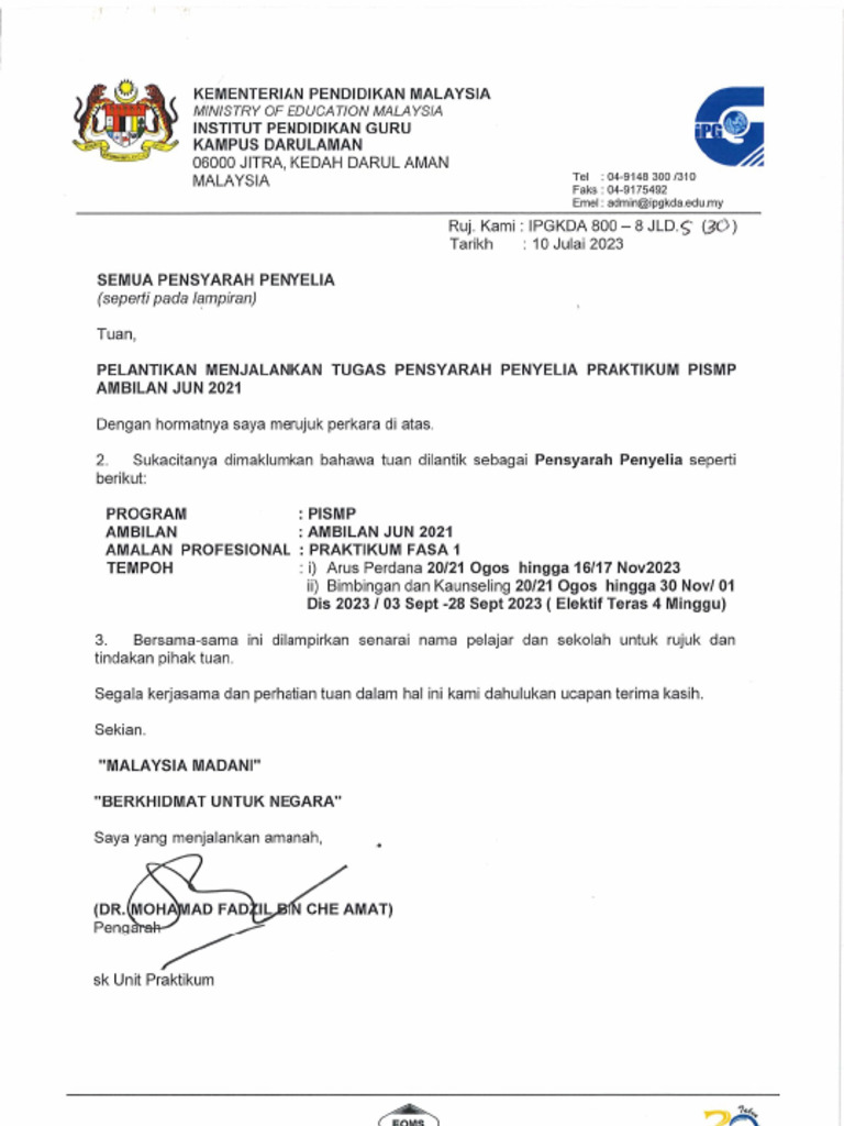 Surat Lantikan Pensyarah Penyelia Praktikum Fasa 1 Pismp Jun 2021 | PDF