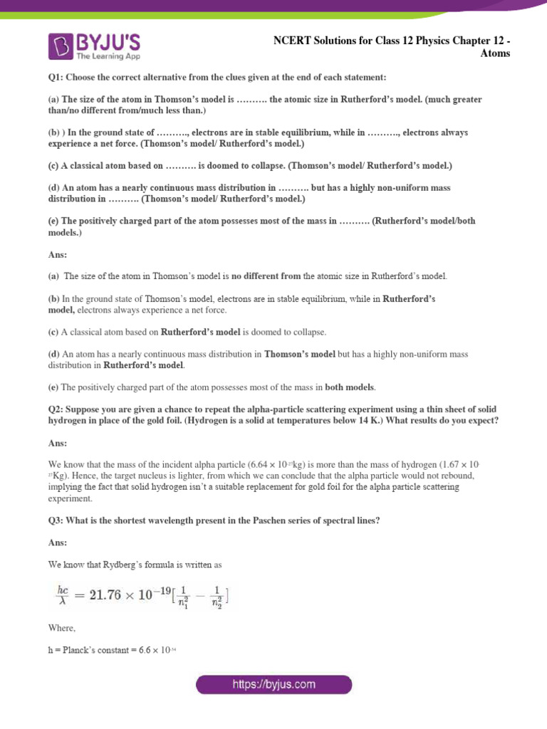 NCERT Solutions For Class 12 Physics Chapter 12 Atoms | PDF | Electron | Electronvolt