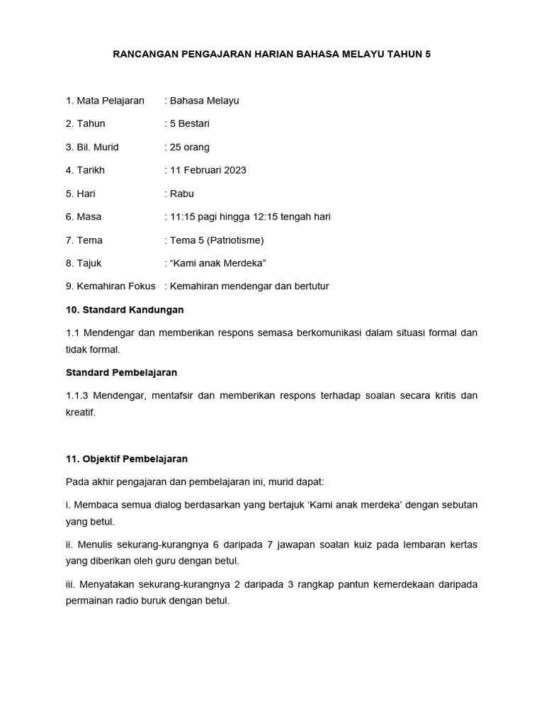 Rancangan Pengajaran Harian Bahasa Melayu Tahun 5a | PDF