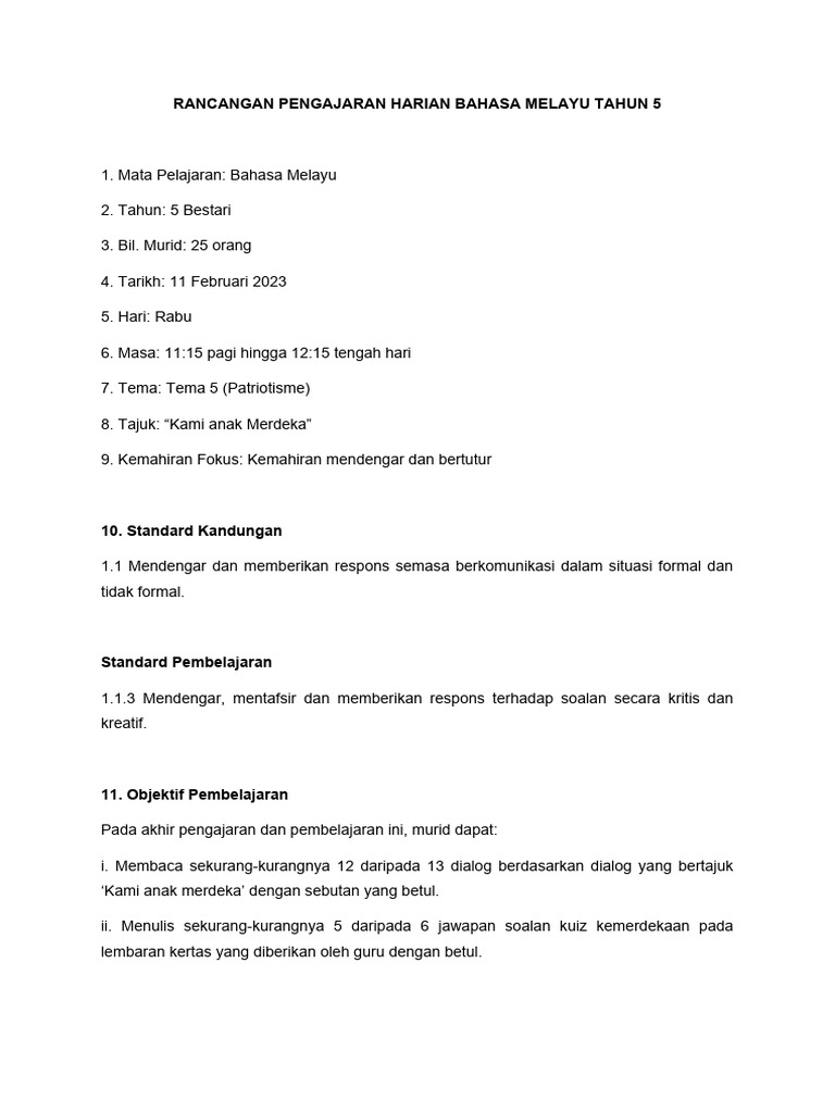 Rancangan Pengajaran Harian Bahasa Melayu Tahun 5 - Amirah | PDF
