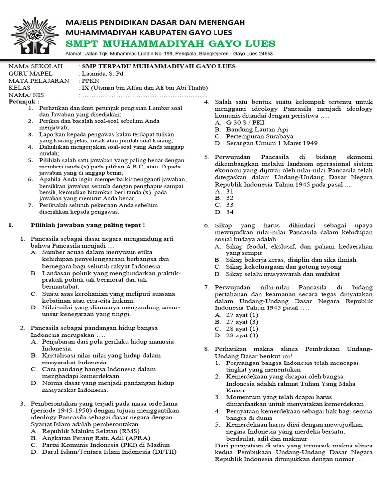 Format Lembar Soal UTS | PDF