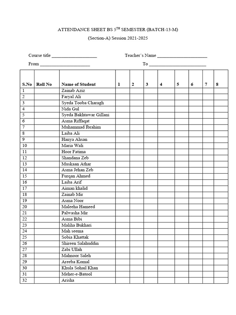 Attendance Sheet BS 5TH Semester Sec A | PDF