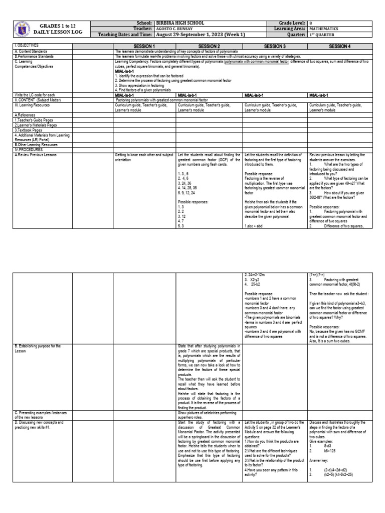 DLL - MATH-8 - WK 1 - 1 | PDF