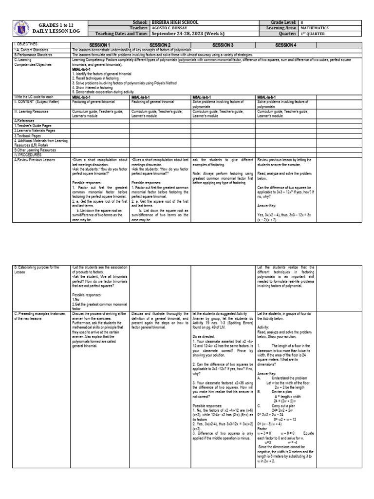 DLL - MATH-8 - WK 5 - 1 | PDF | Factorization | Mathematics