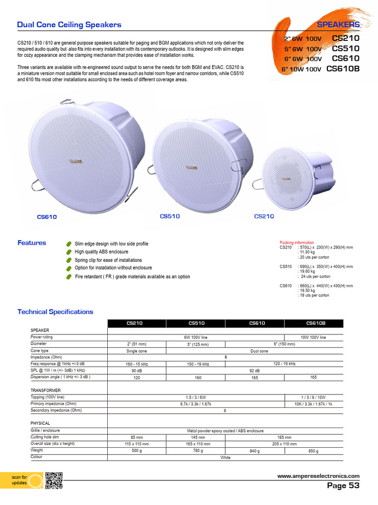 Speakers Dual Cone Ceiling Speakers: CS210 CS510 CS610 CS610B | PDF