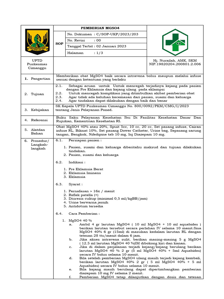 SOP Pemberian MGSO4 DT | PDF