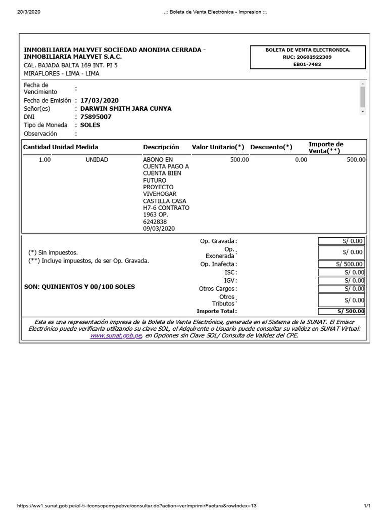 Boleta de Venta Electrónica SUNAT 2020 | PDF