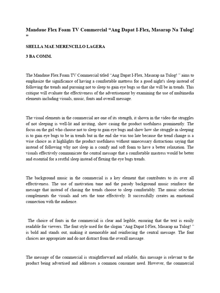 Mandaue Flex Foam Ad Critique | PDF | Mattress | Television Advertisement