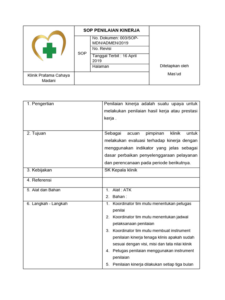 SOP PENILAIAN KINERJA klinik | PDF