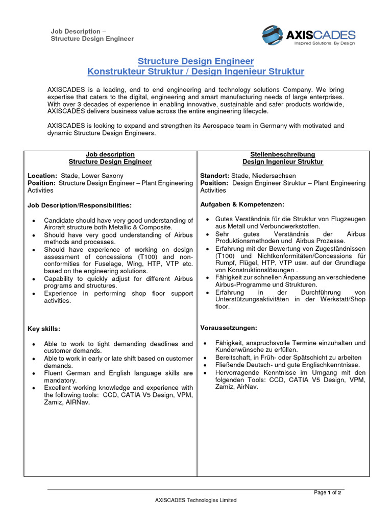 AXISCADES JD Design Engineer Structure Plant Engineering Stade | PDF