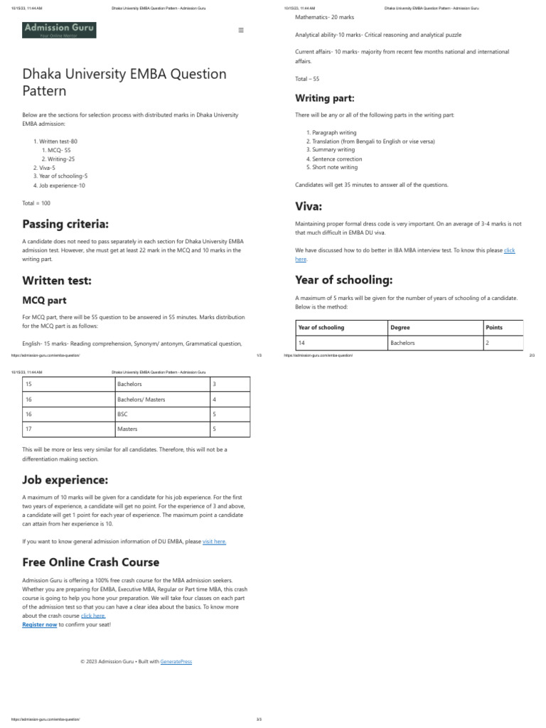 Dhaka University EMBA Question Pattern - Admission Guru | PDF | Master ...