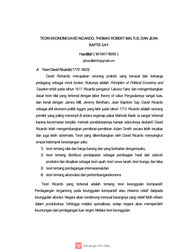 Teori Ekonomi David Ricardo, Thomas Robert Maltus, Dan JB Say | PDF