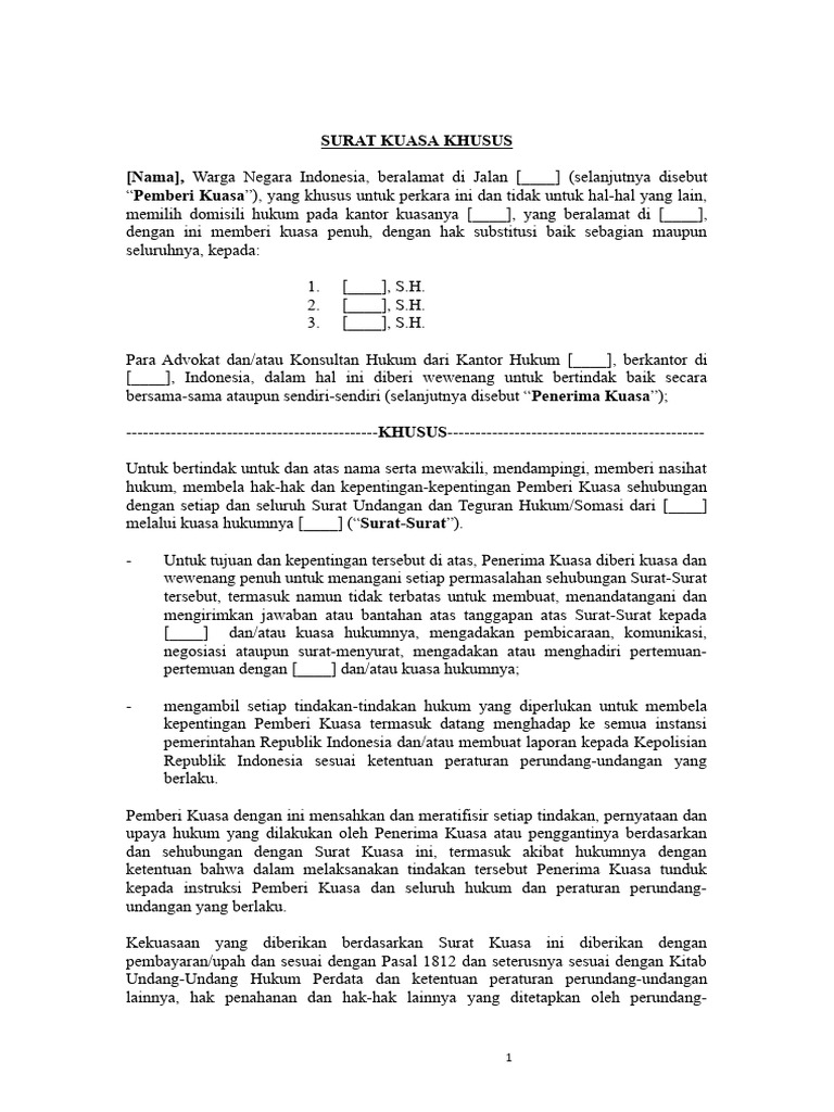 Draft Surat Kuasa Khusus - Somasi | PDF