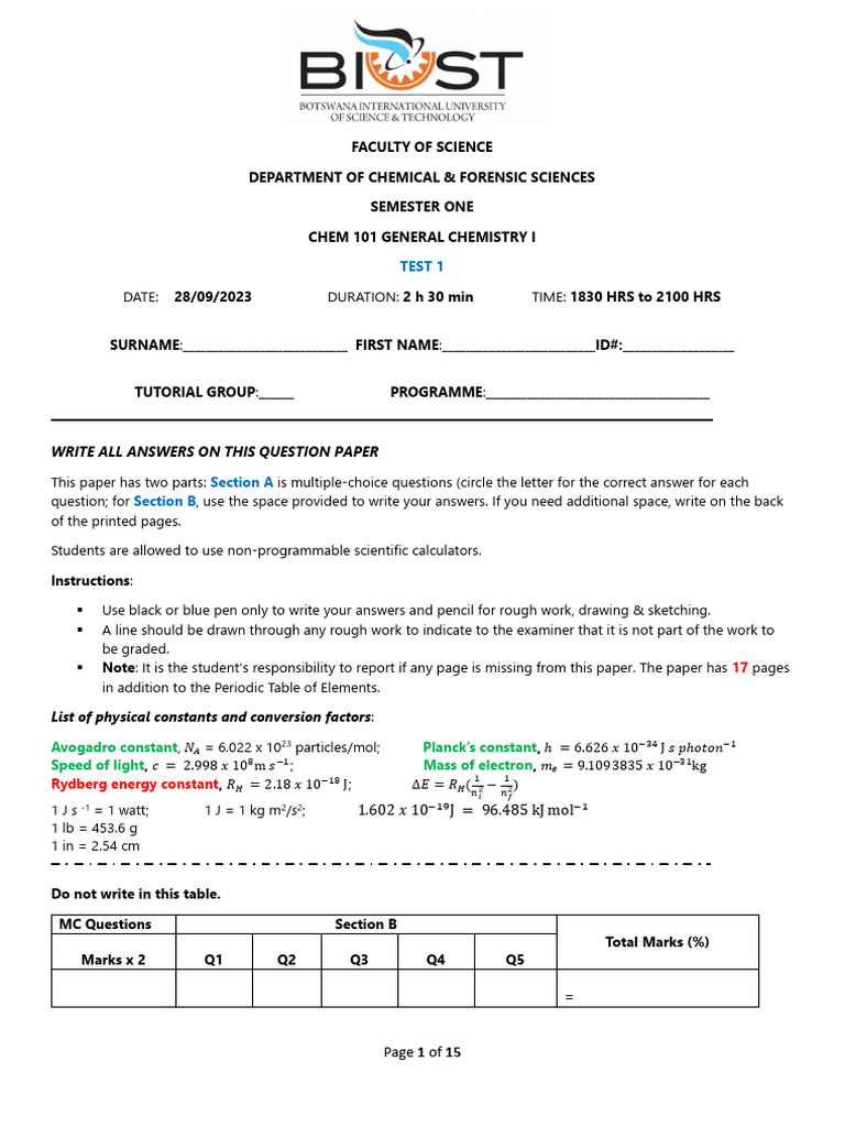 CHEM 101 General Chemistry Test | PDF | Mole (Unit) | Significant Figures