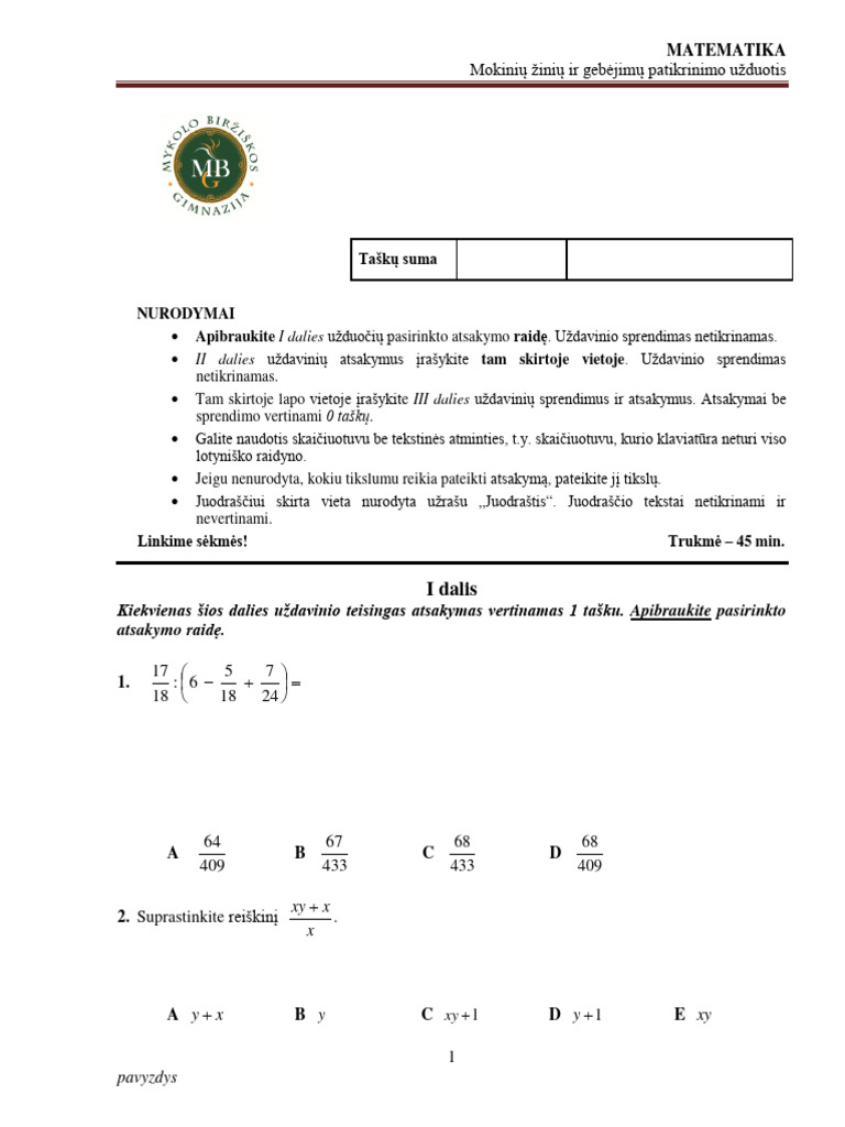Matematikos Uzduoties Pavyzdys 2 | PDF