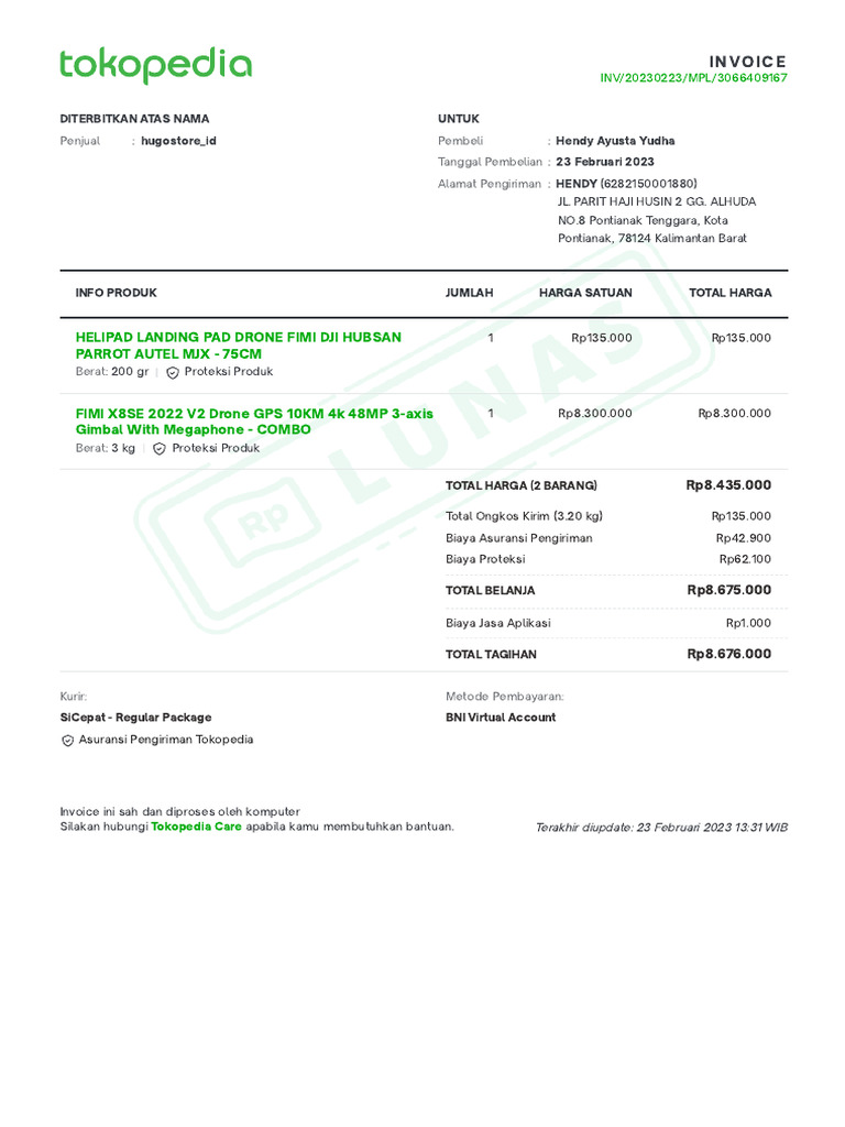 Invoice Pembelian Drone FIMI X8SE | PDF
