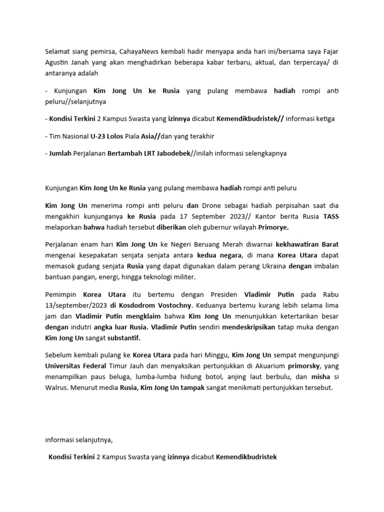 Contoh Pembukaan, Isi Dan Penutup Teks Berita | PDF