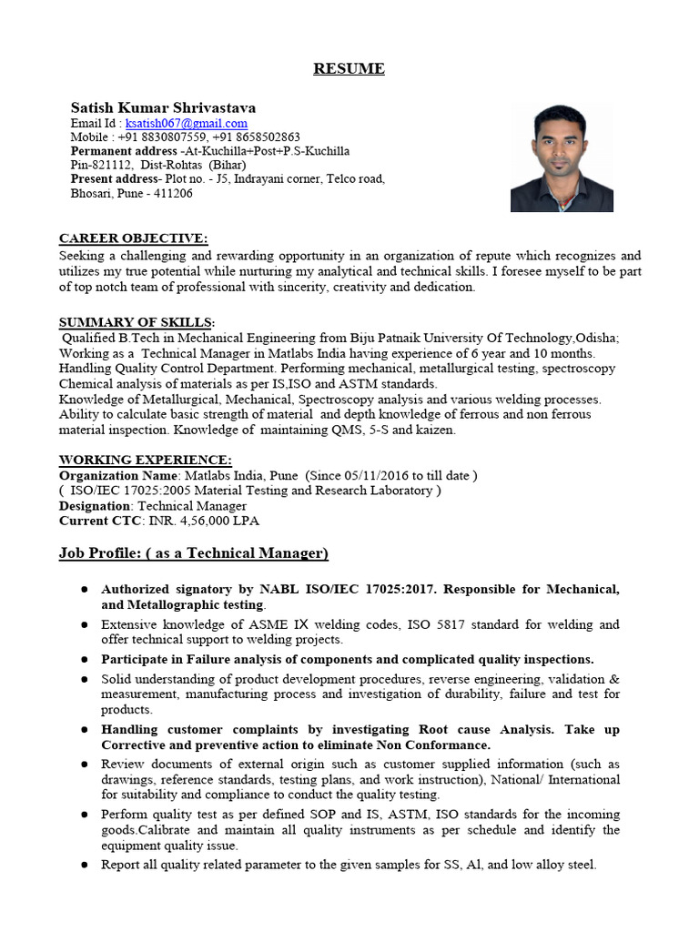 Satish K Srivastava resume latest | PDF | Steel | Hardness