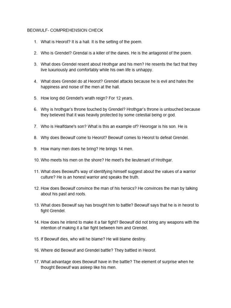 BEOWULF- COMPREHENSION CHECK | PDF