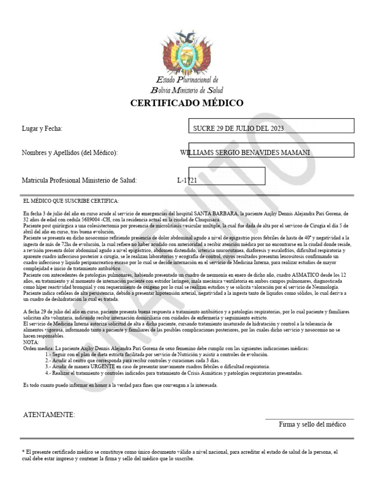 Mi Certificado Medico | PDF | Asma | Hospital