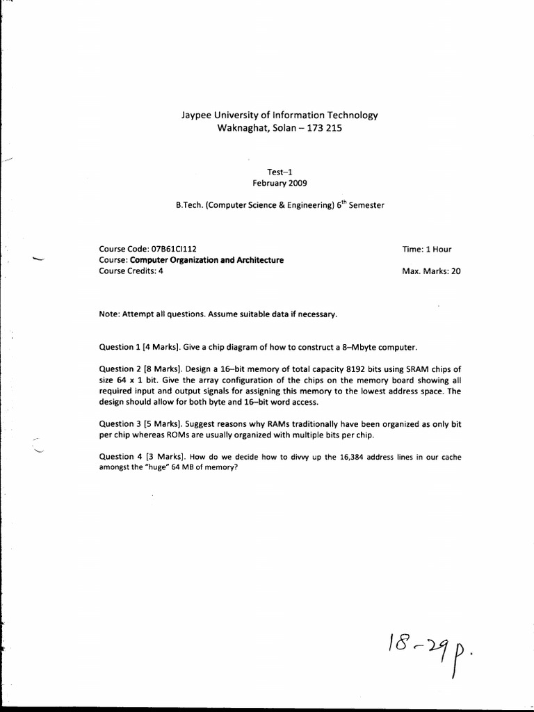 Computer Organization And Architecture 07b61ci112 T 1 Feb 2009 Sem 6