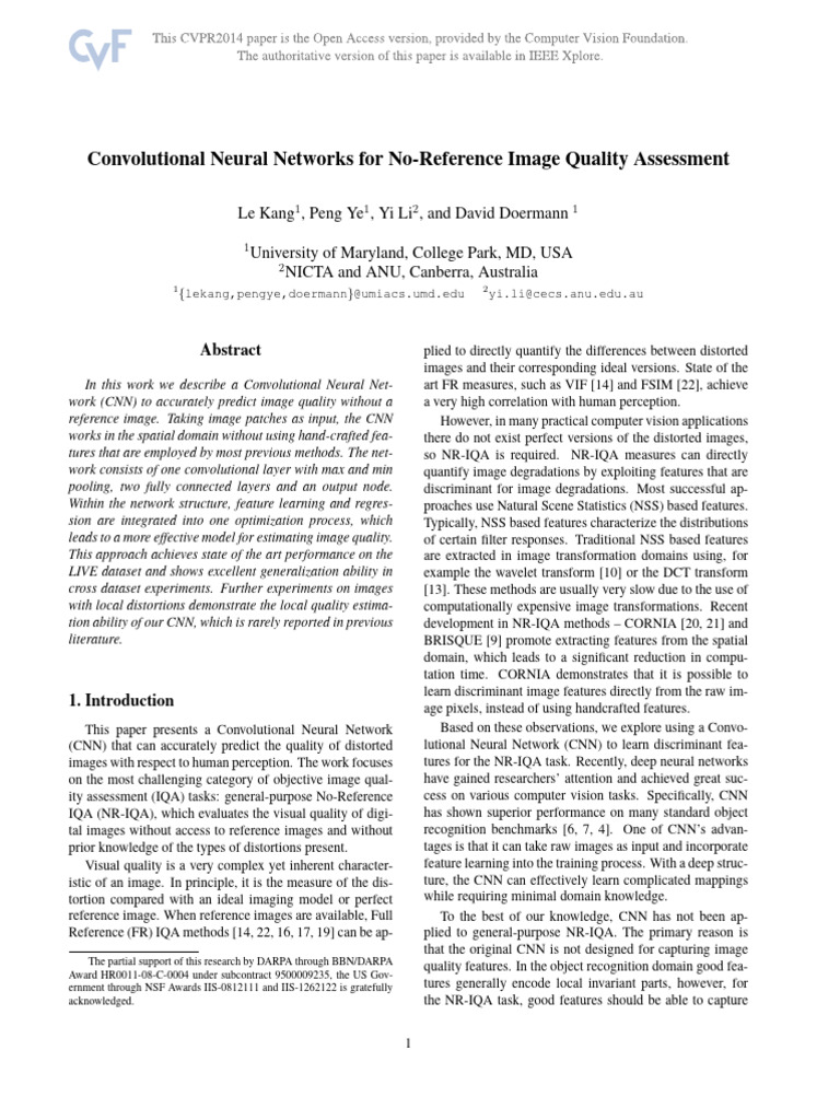 Convolutional Neural Networks For No-Reference Image Quality Assessment | PDF | Artificial ...