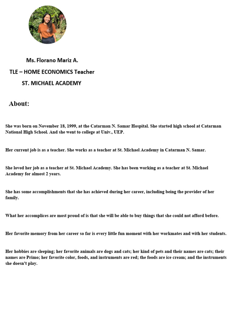 Meet Ms. Florano: TLE Teacher | PDF