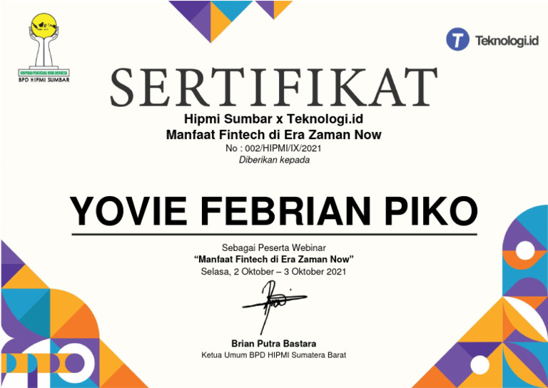 Hipmi X Teknologi Sertifikat YOVIE FEBRIAN PIKO | PDF