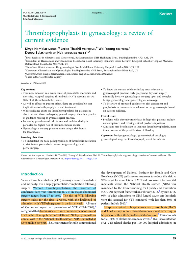 TOG Thromboprophylaxis in Gynaecology A Review of Current Evidence ...