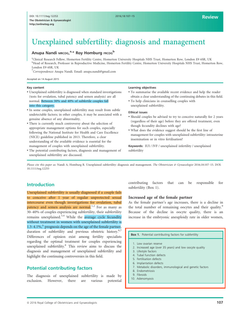 TOG Unexplained Subfertility-Diagnosis and Management | PDF