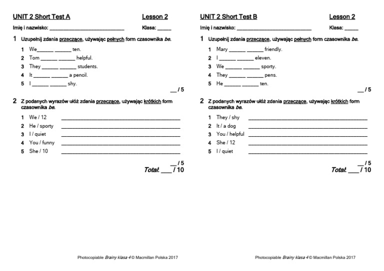 Brainy kl4 Short Tests Unit 2 Lesson 2 | PDF
