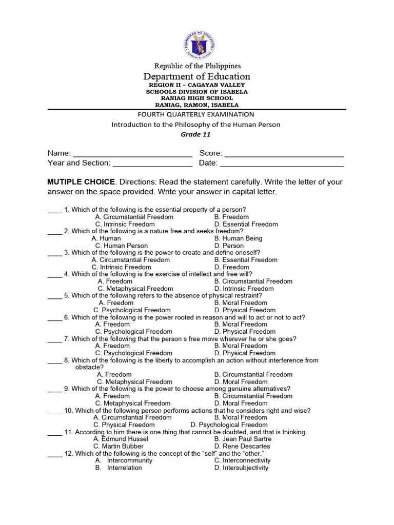 Grade 11 Philosophy Exam Review | PDF | Society | Free Will