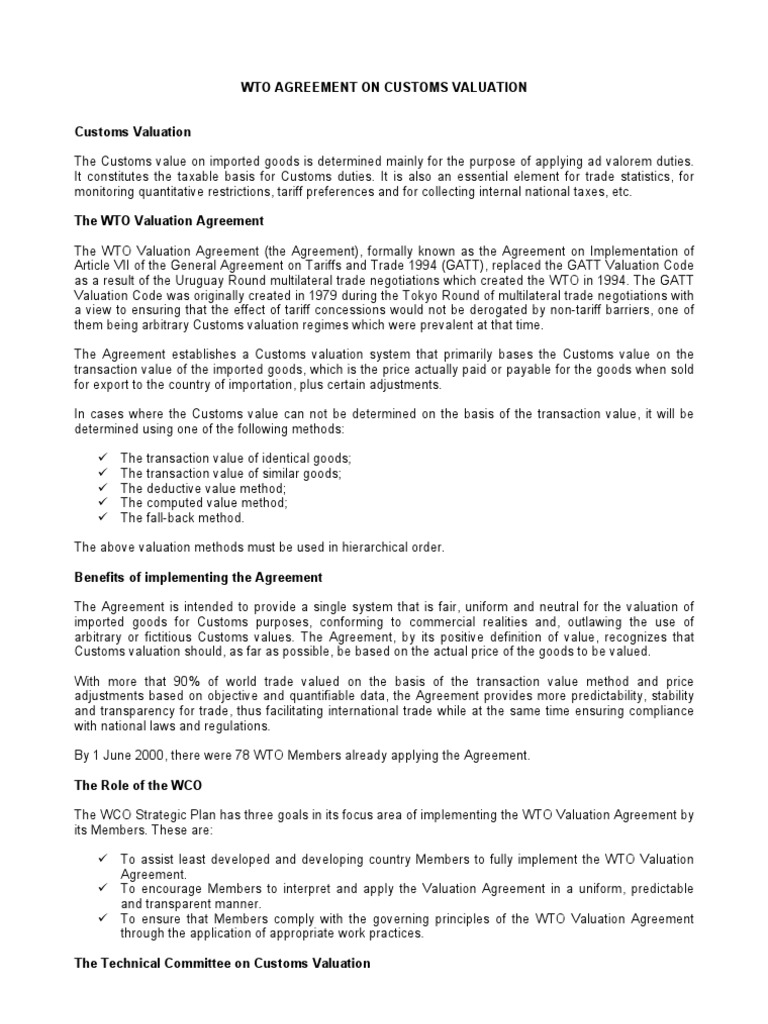 WTO Agreement On Customs Valuation | PDF | World Trade Organization ...