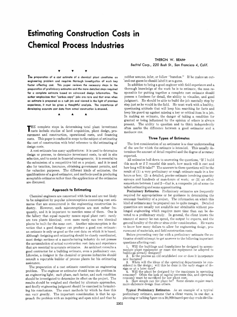 Estimating Construction Cost in Chemical Process Industries | PDF ...