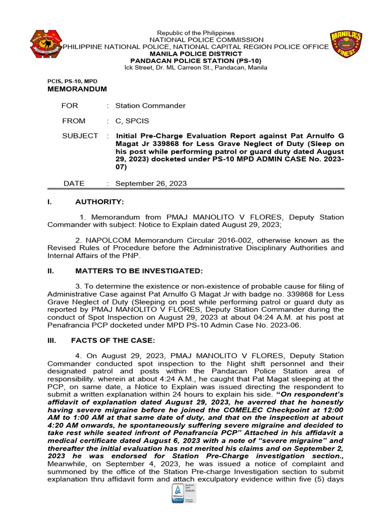 Pre-Charge PAT MAGAT FINAL LESS GRAVE Neglect of Duty Sample | PDF ...