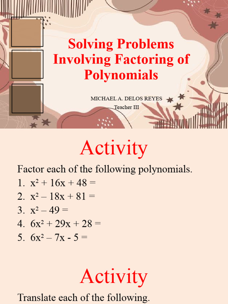 7 Solving Problems Involving Factoring | PDF | Factorization | Area