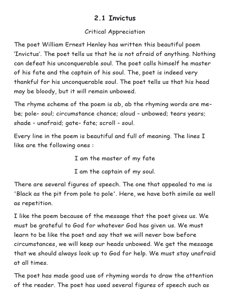 Critical Analysis of "Invictus" Poem | PDF | Poetry