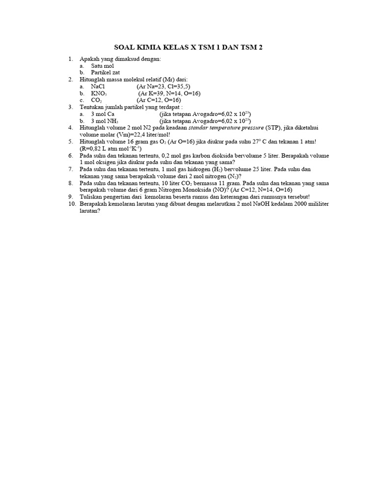 Soal Kimia Kelas X TSM 1 Dan TSM 2 | PDF
