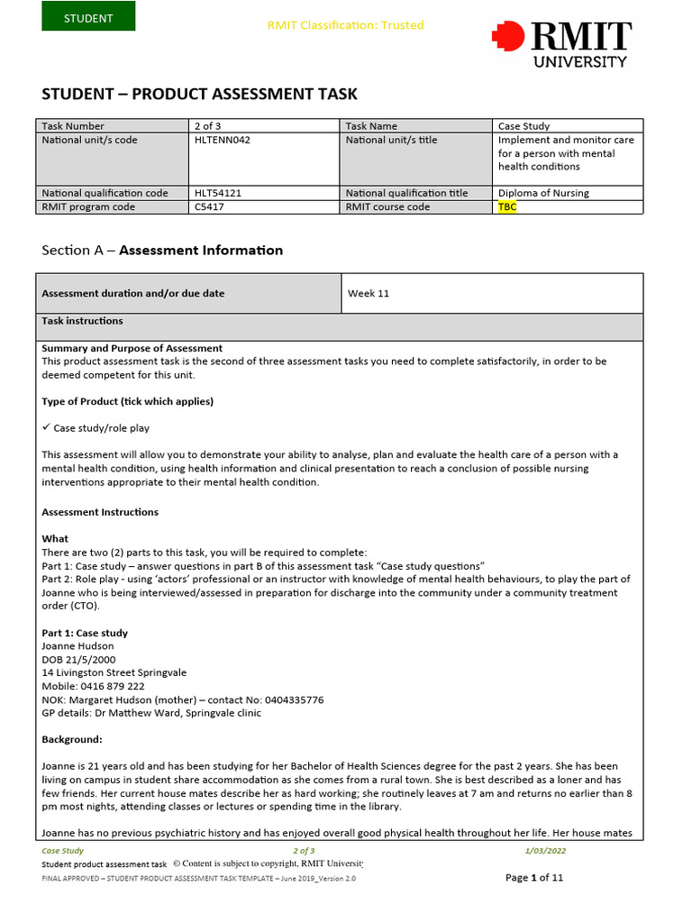 CaseStudy HLTENN042 Task2 Student 220301 | PDF | Schizophrenia | Mental Health