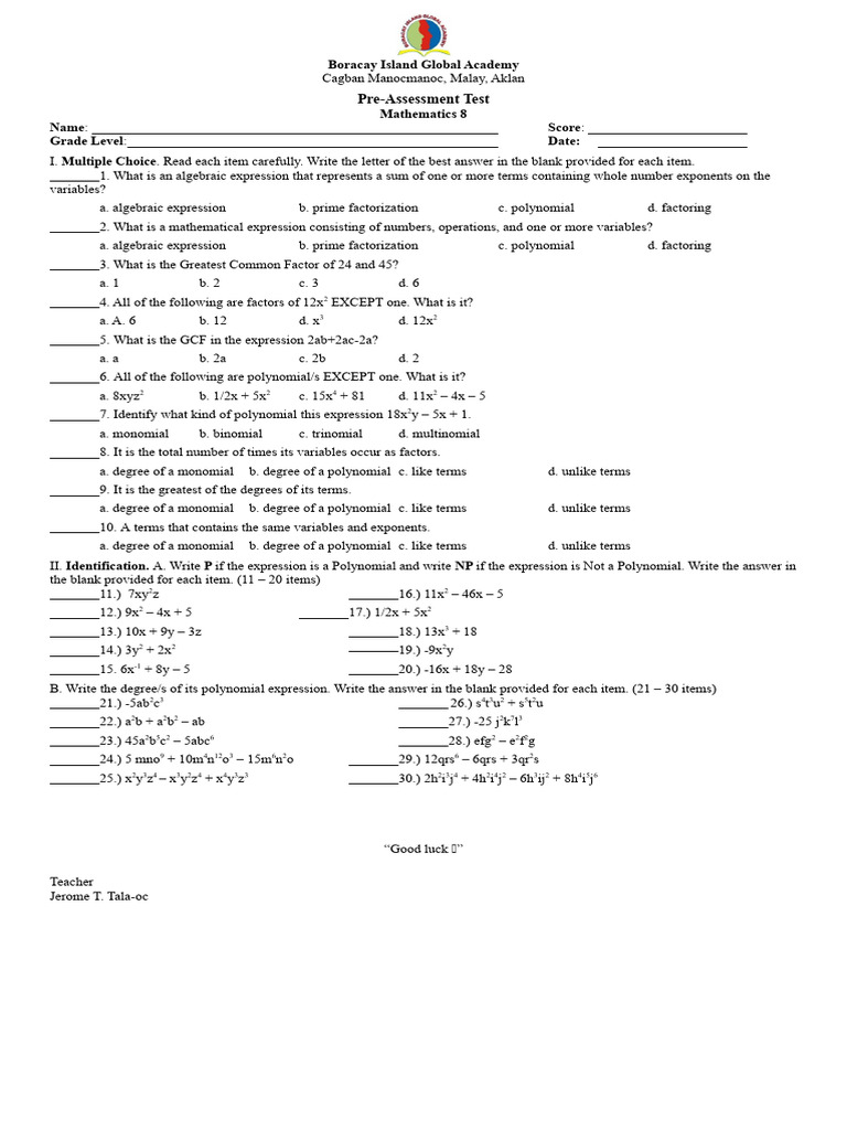 8th Grade Math Pre-Assessment Test | PDF | Factorization | Polynomial