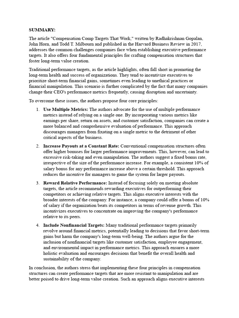 Comp Targets That Work, Article Summary | PDF | Performance Indicator | Incentive