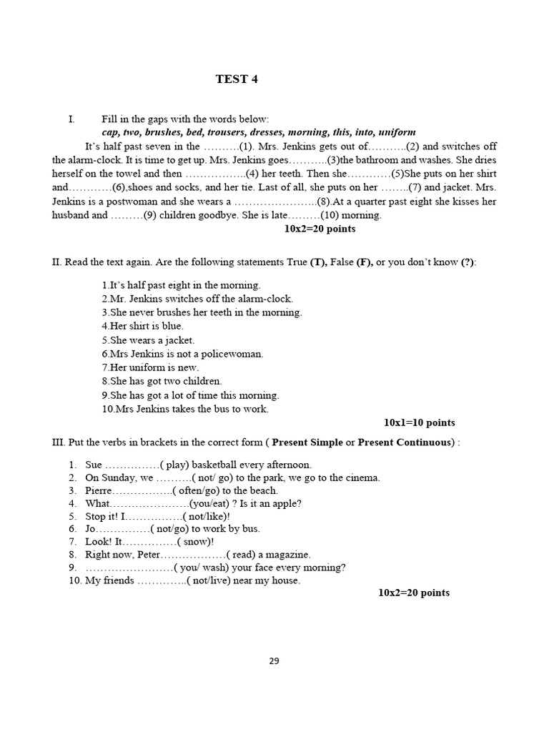Test 4 Present Simple Present Continuous The Plural of Nouns | PDF