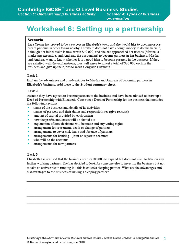 Worksheet 6 - Setting Up A Partnership | PDF | Partnership | Financial ...
