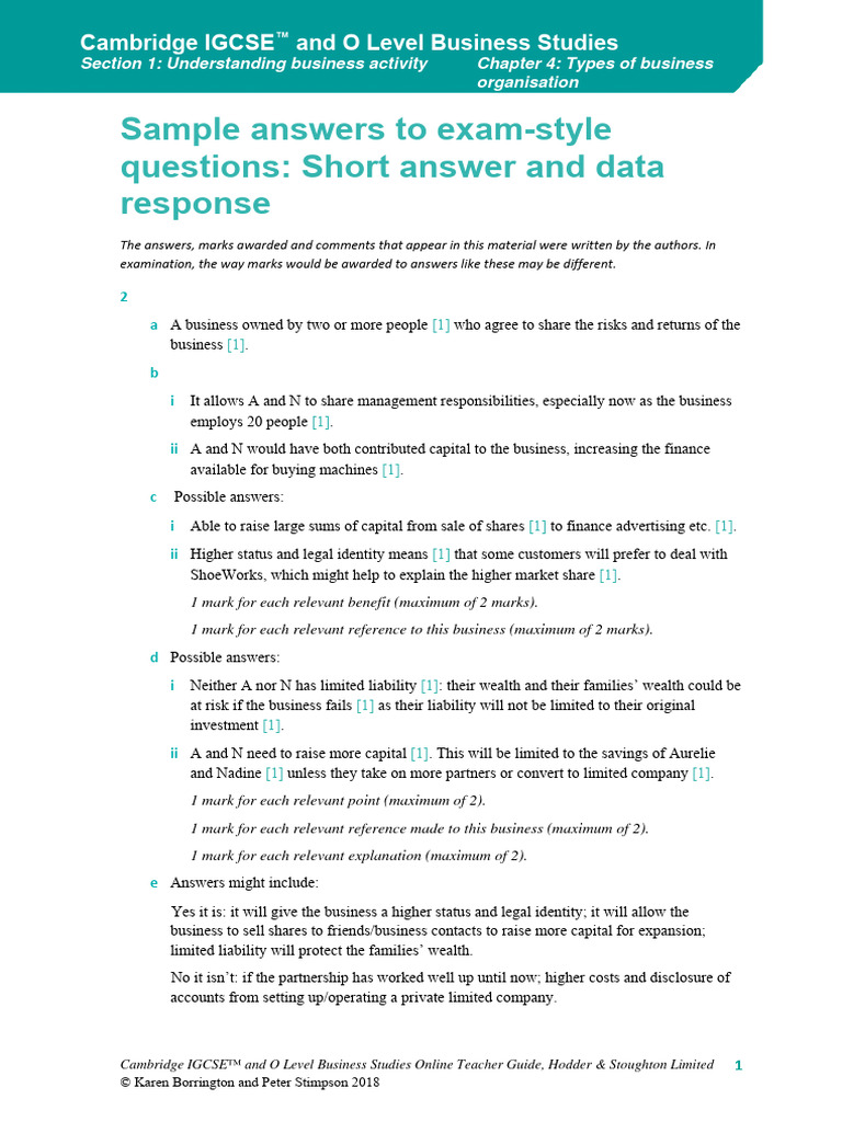 Chapter 4 Types of Business Organisation - Sample Answers To Short ...
