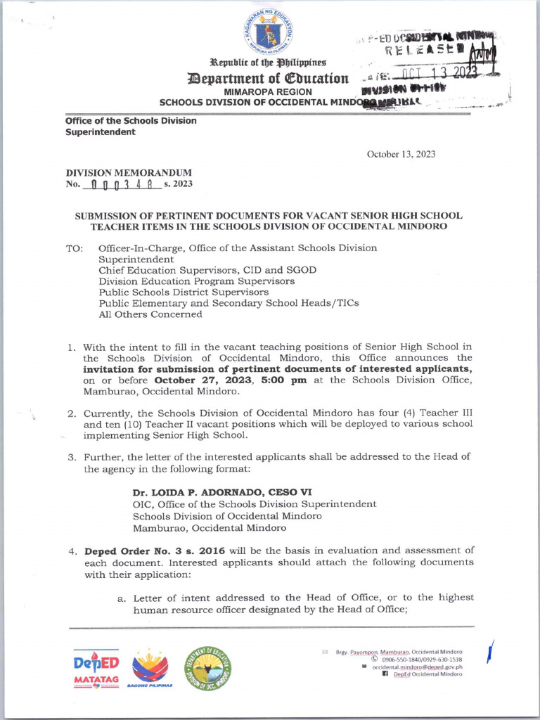 DM No. 348 S. 2023 Submission of Pertinent Documents For Vacant Senior ...