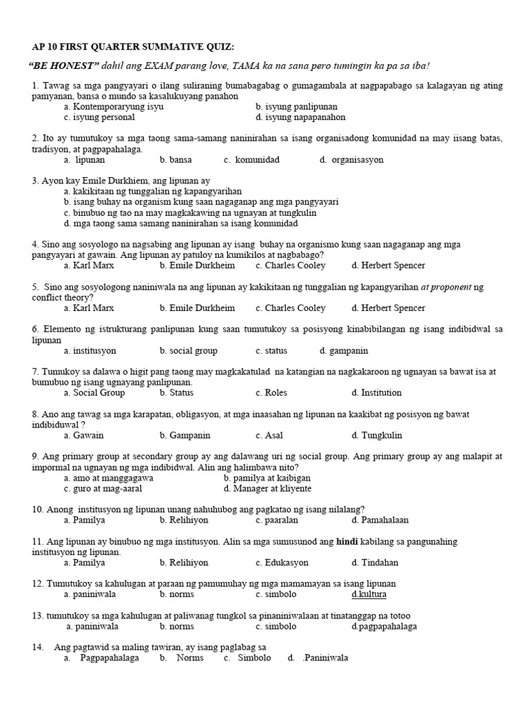 1st Quarter Summative Quiz | PDF