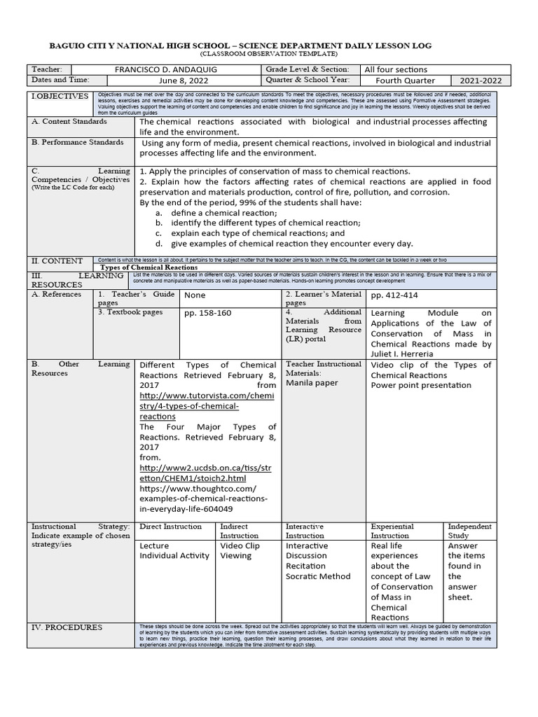 COT-DLL Types of Chemical Reaction | PDF | Nature | Physical Sciences