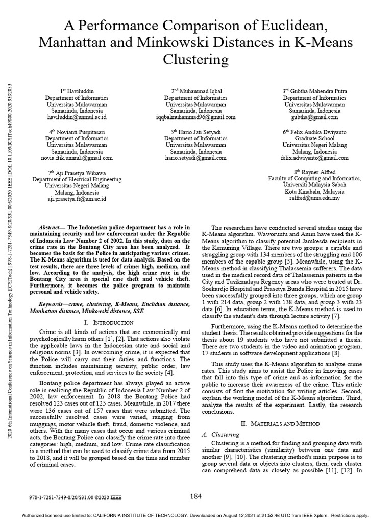 A Performance Comparison of Euclidean, Manhattan and Minkowski Distances in K-Means Clustering | PDF