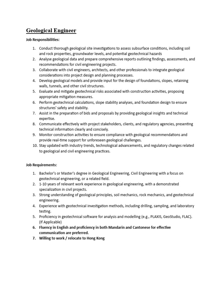 Job Responsibilities For GEOLOGICAL ENGINEER | PDF | Geotechnical ...