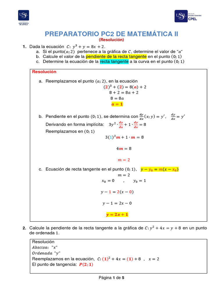Preparatorio Pc2 de Matematica II 2023 - 01 Resolución - B | PDF | Tangente | Línea (geometría)